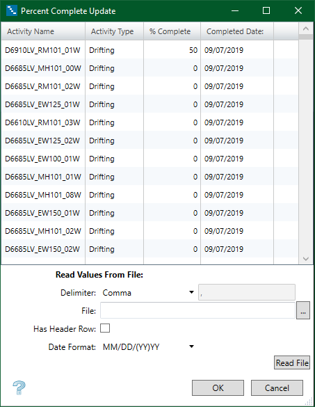 Vulcan Gantt Scheduler : Home : Percent Complete Update