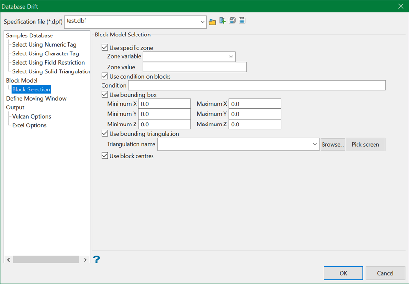 Vulcan : Geology : Sampling : Database Drift Analyser : Block Selection