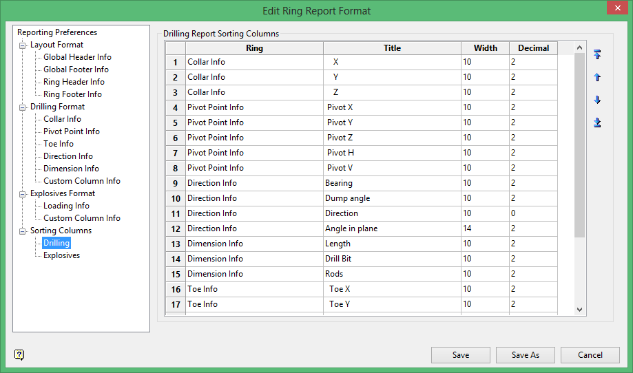 Vulcan : Underground : Ring Design : Edit Report Format : Sorting Columns Vulcan : Underground : Ring Design : Edit Report Format : Sorting Columns