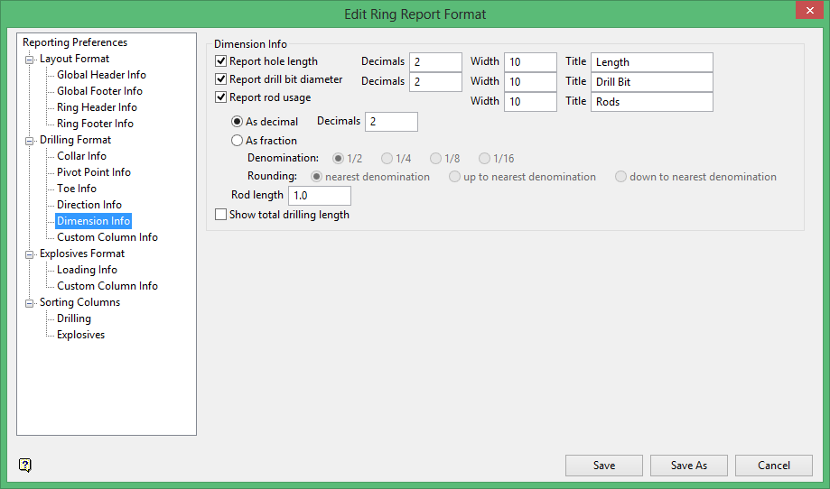 Vulcan : Underground : Ring Design : Edit Report Format : Drilling