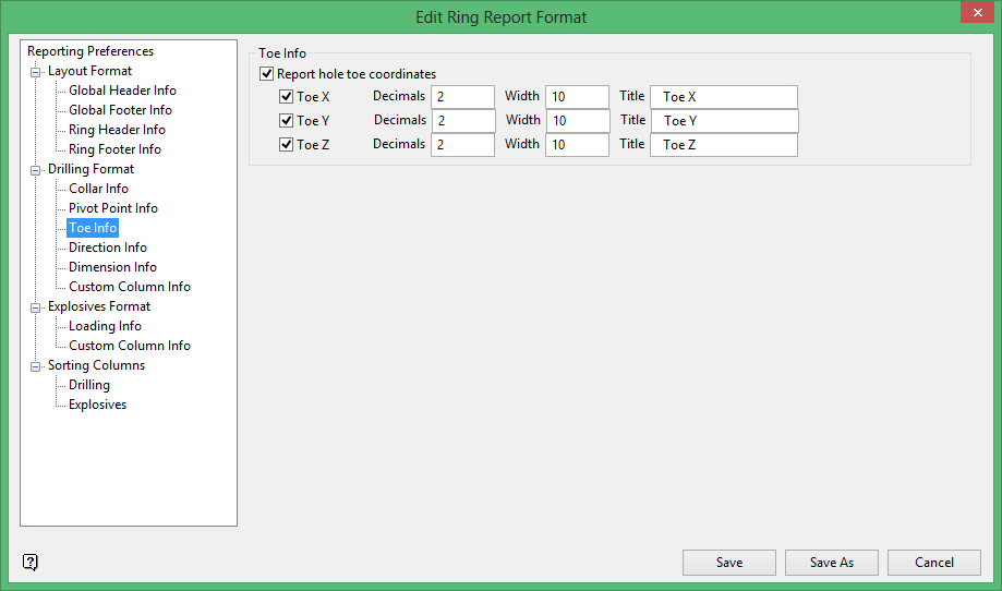 Vulcan : Underground : Ring Design : Edit Report Format : Drilling