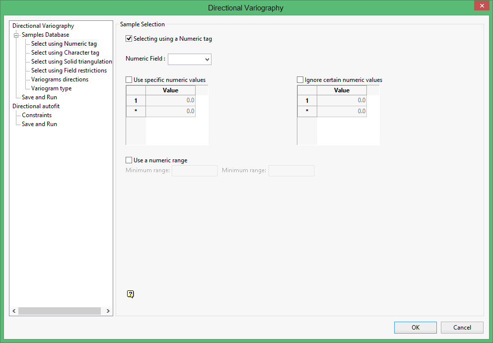 Vulcan : Block : Variography : Directional Variography : Sample Database : Select using Numeric tag